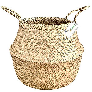 BeeGreeny Seagrass Belly Basket | Handwoven Foldable Storage Basket with Handles for Laundry, Picnic, Pot Cover, Decor | Natural, Eco-Friendly Household Items
