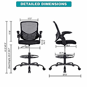 Tall Office Chair, Drafting Chair, Standing Desk Chair, High Adjustable Office Mesh Chair, Ergonomic Counter Height Computer Rolling Chair with Flip-up Armrests and Foot-Ring for Bar Height Desk