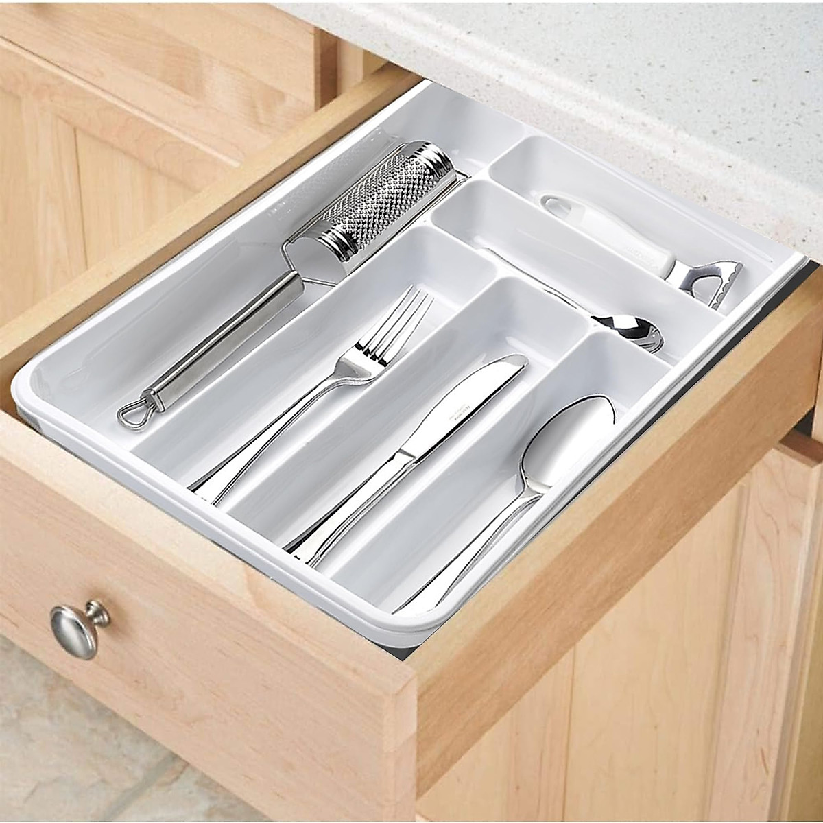 PLASTIFIC 1 Tier Large & Deep CUTLERY TRAY Flatware Organiser Strong Plastic Drawer Sliding Tidy Multipurpose flatware Holder Kitchen Accessories for Tableware(1A - White)…