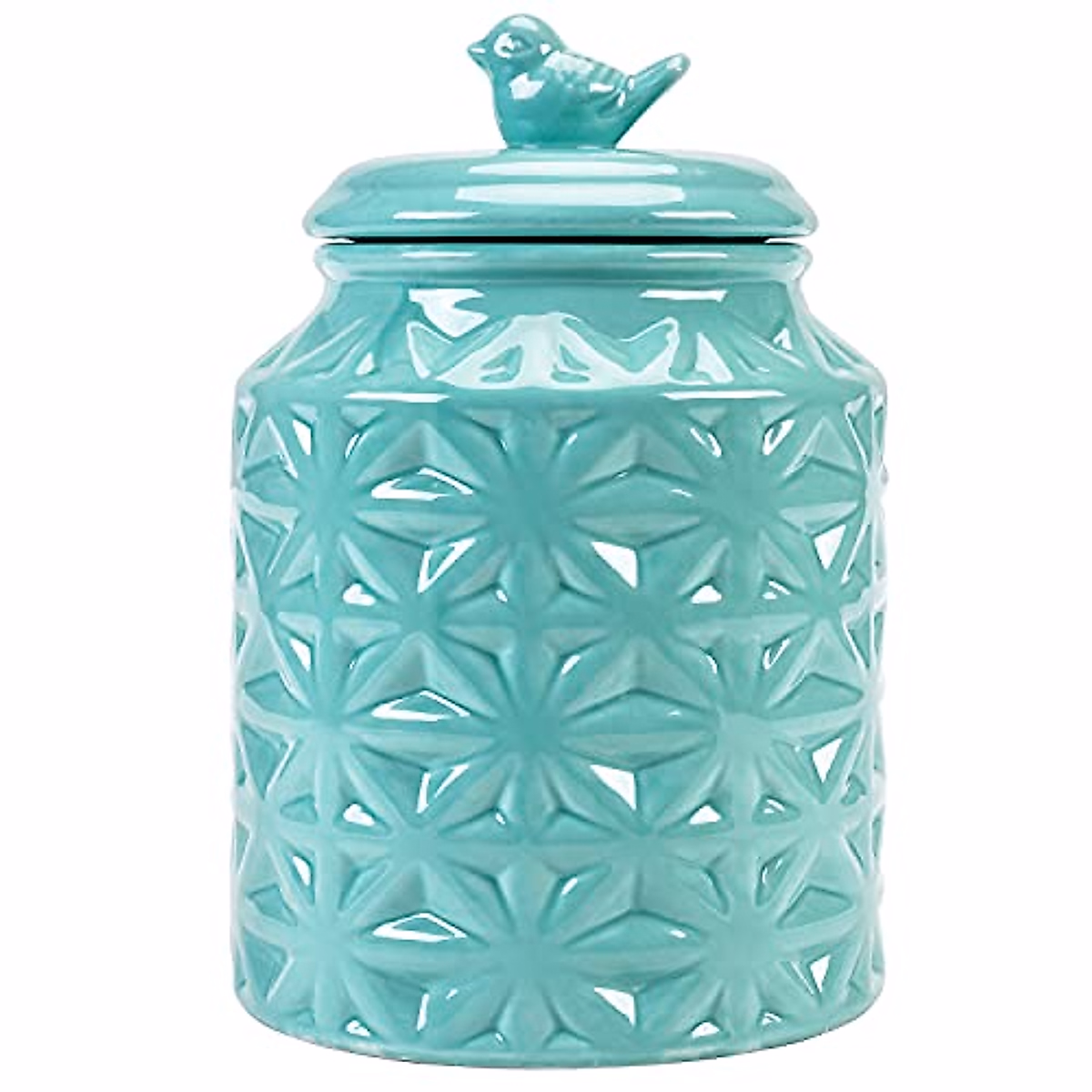 MyGift Vintage Turquoise Ceramic Kitchen Jar with Lid, Cookie Jar Storage Containers Airtight with Embossed Star and Bird Design