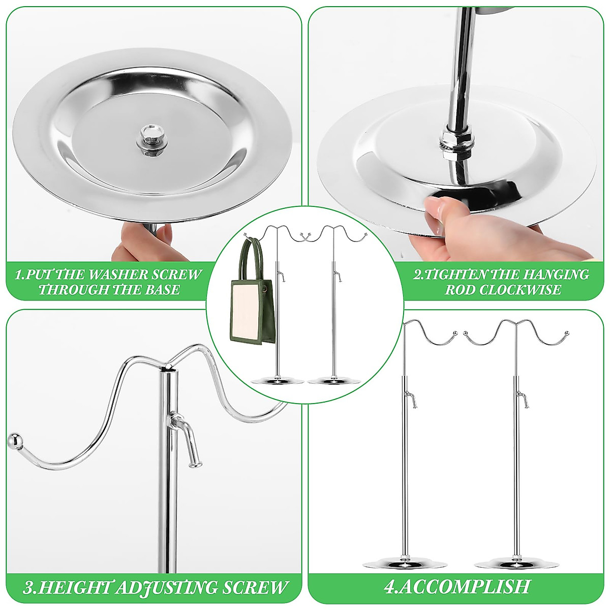 Nuenen 4 Pcs Double Hook Purse Display Stand Adjustable Stainless Steel Handbag Display Stand Metal Freestanding Bag Stand Holder for Purse Hat Wig Handbag