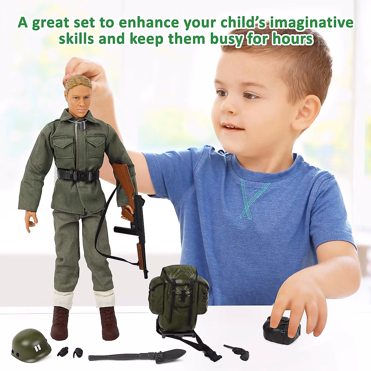 Click N' Play WWII Allies Army Infantry 12” Action Figure Plat Set with Accessories - Click N Play Military WW2 Toys