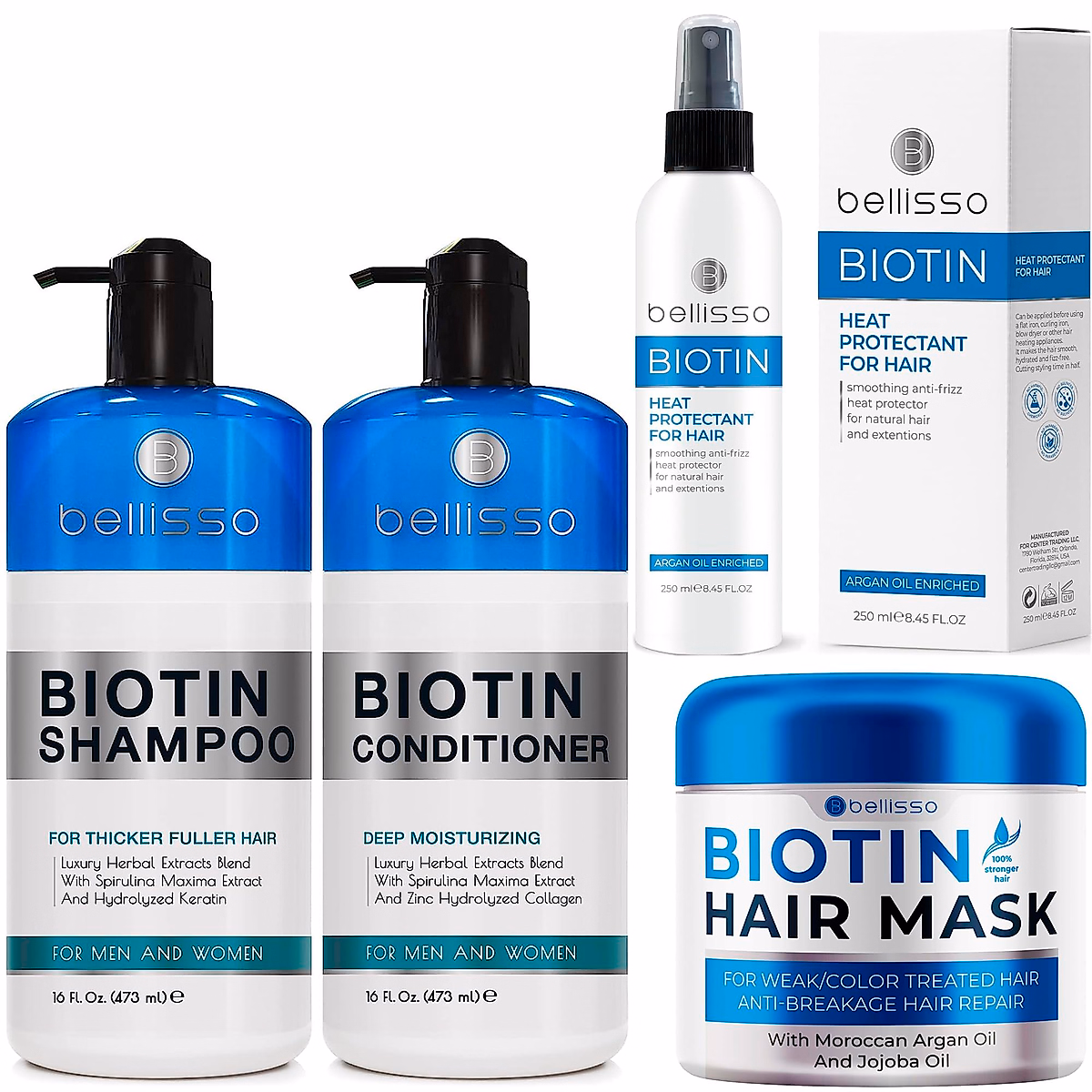 BELLISSO Biotin Heat Protectant Spray with Moroccan Argan Oil and Biotin Shampoo and Conditioner Set and Biotin Hair Mask