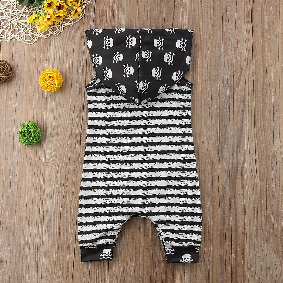 Xiaodriceee Newborn Baby Hooded Romper Boy Girl Sleeveless Striped Skull Jumpsuit Outfit Clothes 0-6 Months