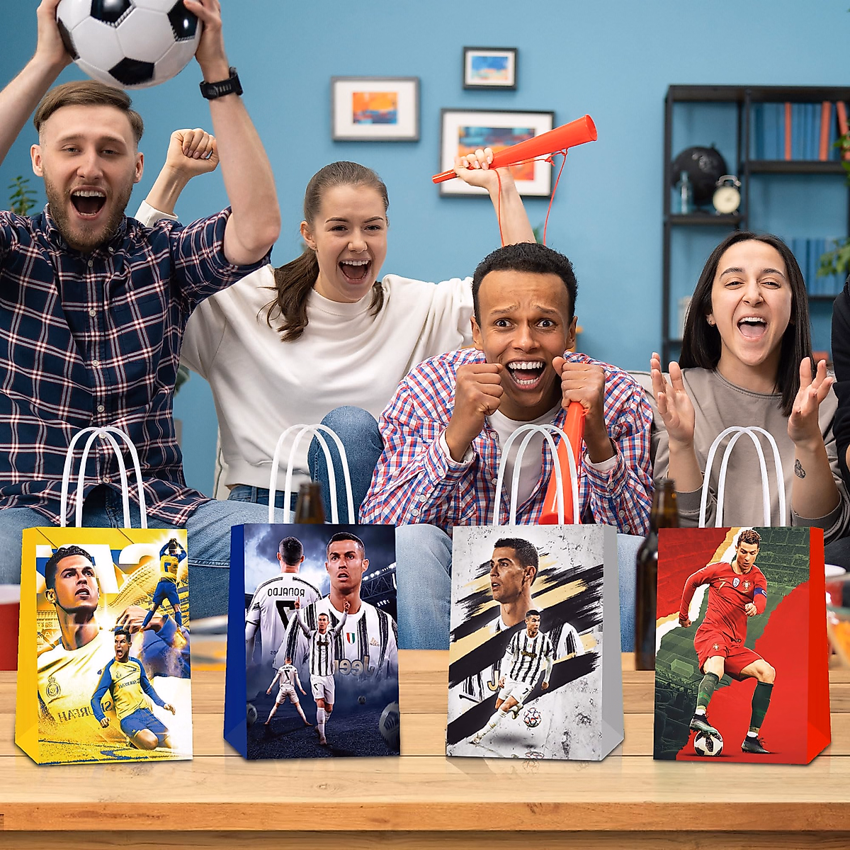 Mukity 24 Pcs Soccer Party Gift Bags - Soccer Party Supplies Candy Bags, Tote Bags, Gift Bags for Kids - Paper Favor Packs for Adults Birthday Party Decor - 12 Patterns