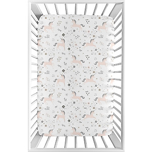 Sweet Jojo Designs Pink, Grey and Gold Baby Girl Fitted Mini Portable Crib Sheet for Unicorn Collection - for Mini Crib or Pack and Play ONLY