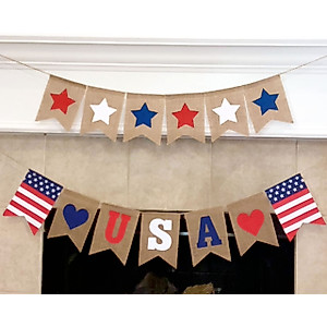 Shimmer Anna Shine USA American Flag Patriotic Burlap Banner for 4th of July Decorations Red White and Blue Memorial Day Decor (USA Stars and Stripes)