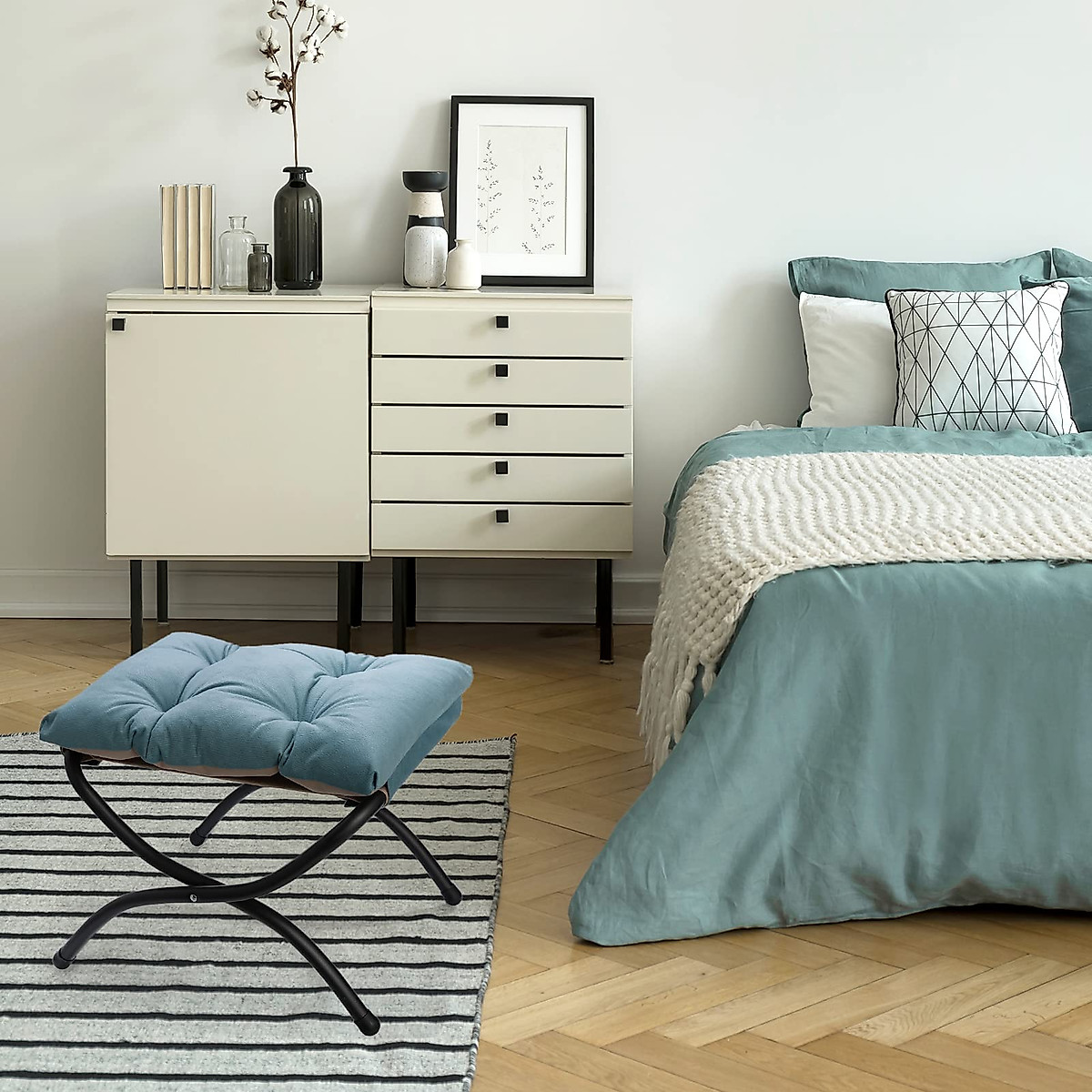 HollyHOME Modern Fabric Lazy Chair and Folding Footrest Stool, Accent Contemporary Lounge Chair and Portable Ottoman, Steel Frame Leisure Sofa Chair and Metal Cotton Anti-Slip Footstool, Blue