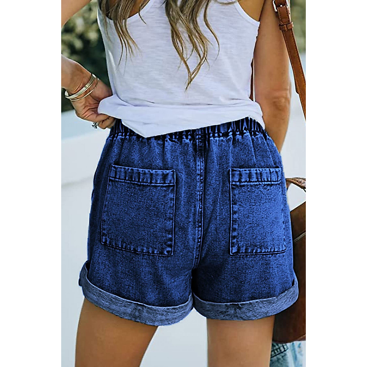 NEYOUQE Women Plus Size Curvy Outfit Dark Blue Jean Shorts with Pockets Womens high Waisted Elastic Waist Workout Biker Athletic Running for Women Casual Summer Ripped Denim Shorts Lounge Cotton XL