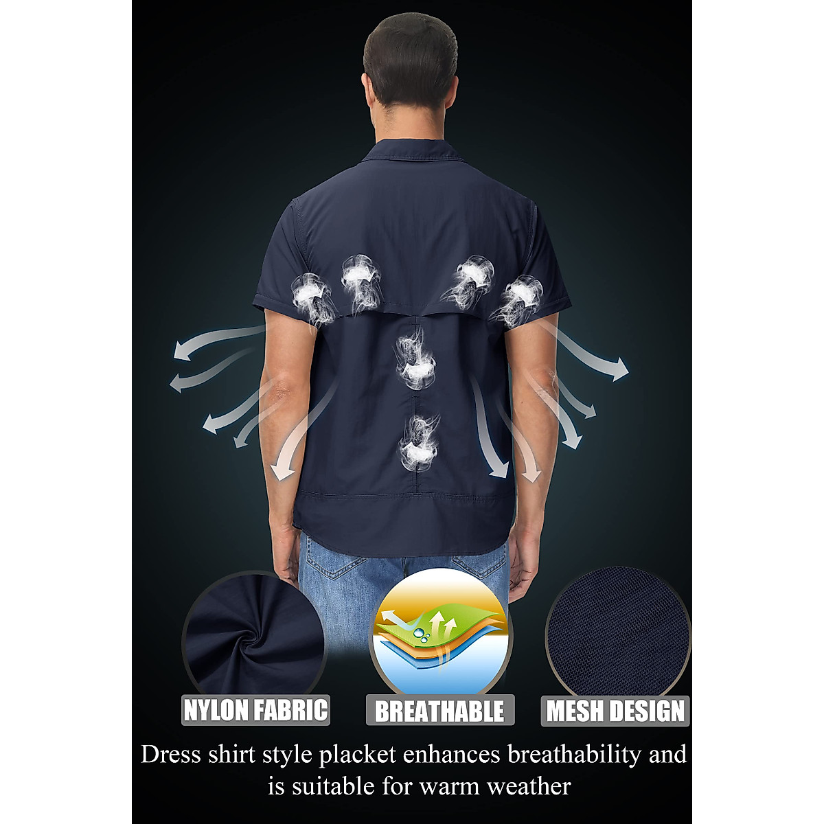 TACVASEN Men's Quick Dry UV Protection Zipper Convertible Long Sleeve Shirt Navy, L