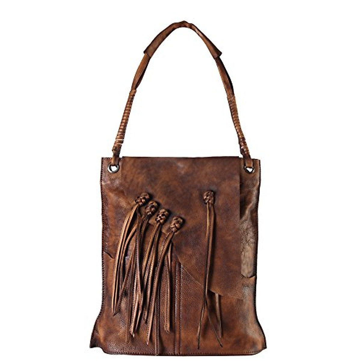 DIOPHY Fringe Genuine Leather Large Hobo Shopping Tote Handbag 150294 Brown