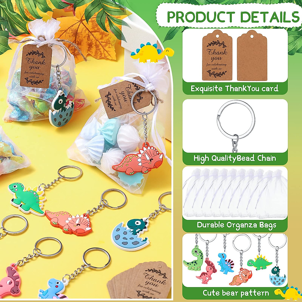 Kigeli 144 Pcs Dinosaur Baby Shower Favors Set with 48 Keychains 48 Organza Bags 48 Thank You Kraft Tags for Dinosaur Baby Shower Birthday Party Favors Decorations Car Handbag Wallet Gifts
