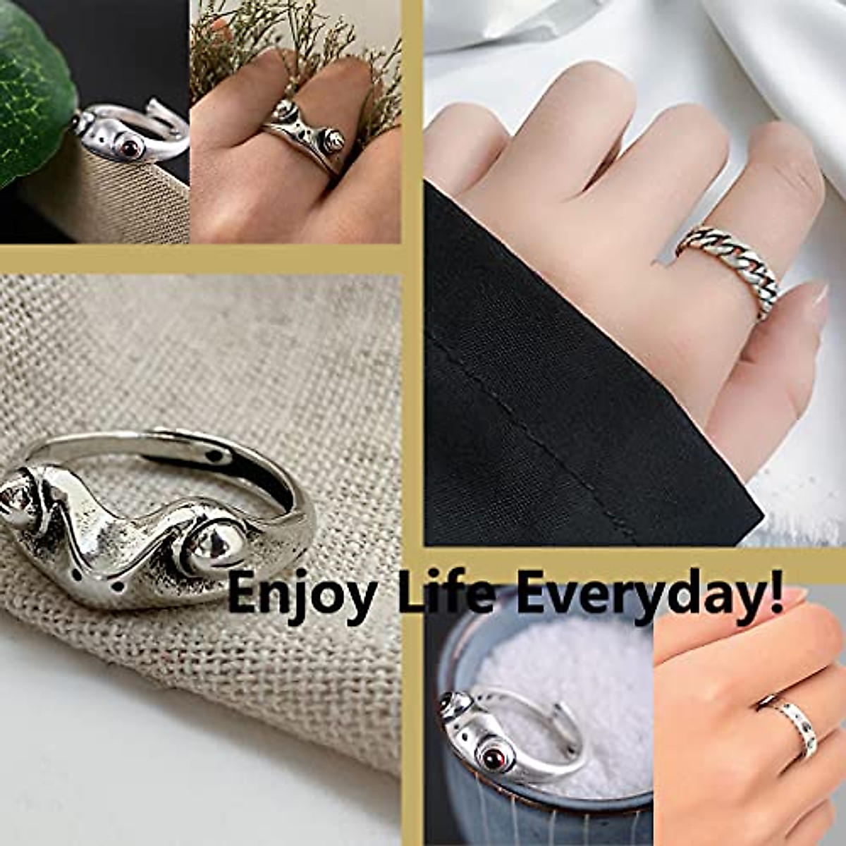 Aogrzun 16 Pcs Cool Silver Plated Frog Open Rings Set, Vintage Matching Rings, Cute and Stylish, Snake, Hug, Moon and Sun Rings for Couples for Women Men