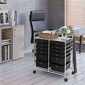 COSTWAY 12-Drawer Rolling Storage Cart, Moveable Art Craft Organizer W/Lockable Wheels, Metal Shelf, Files Arrangement Tools Makeup Storage Cart for Office, Home, School (Black)