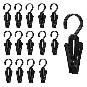 15 PCS Super Strong Plastic Clothes Pin Hooks Clip Family Travel Rotating Hanging Laundry Hooks Clip, Clothes Pins - 4.3 inches (Black)