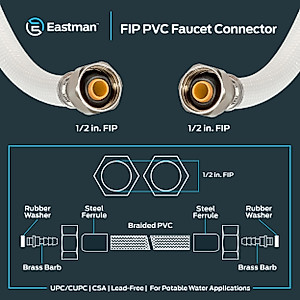 Eastman 30 Inch x 1/2 Inch FIP Flexible Faucet Connector, PVC Supply Hose Line with Nickel-Plated Brass Nuts, White, 48910