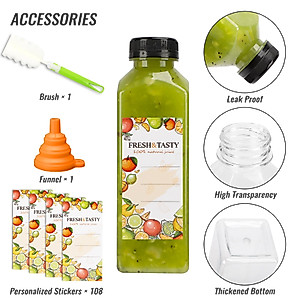 TOMNK 100pcs Plastic Bottles with Caps, 16oz Juice Bottles, Juice Bottles with Caps with Black Caps Juice Bottles with Label, Funnel and Brush Beverage Containers for Juicing, Smoothies, Tea, Milk