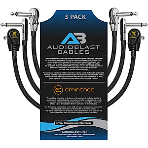 3 Units - 12 Inch - Audioblast HQ-1 - Ultra Flexible - Dual Shielded (100%) - Instrument Effects Pedal Patch Cable w/ ¼ inch (6.35mm) Low-Profile, R/A Pancake Type TS Connectors & Dual Staggered Boots