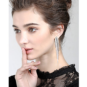 KristLand - S925 Silver/Alloy Hook Sleek Chain Tassel Drop Earrings Long Leather Fringe Dangle Simple Dainty Earrings Silver A Tassel