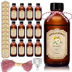 12 Pack 2 Ounce Amber Glass Bottle with Lids Vanilla Extract Homemade Brown Bottle 2 oz and 12Pcs Vanilla Extract Stickers for Syrup Gift Glass