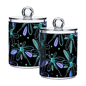 Fustylead 2 Pack Dragonflies Plastic Apothecary Jars with Lid, Bathroom Vanity Storage Organizer Canister for Qtip, Cotton Ball, Swab, Round Pads, Floss