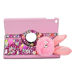 STENES Bling Case Compatible with Samsung Galaxy Tab A8 10.5 (2021) - Stylish - 3D Handmade Crystal Rabbit Pompon Bowknot Pendant 360 Degree Rotating Case with Smart Cover Auto Sleep/Wake - Pink