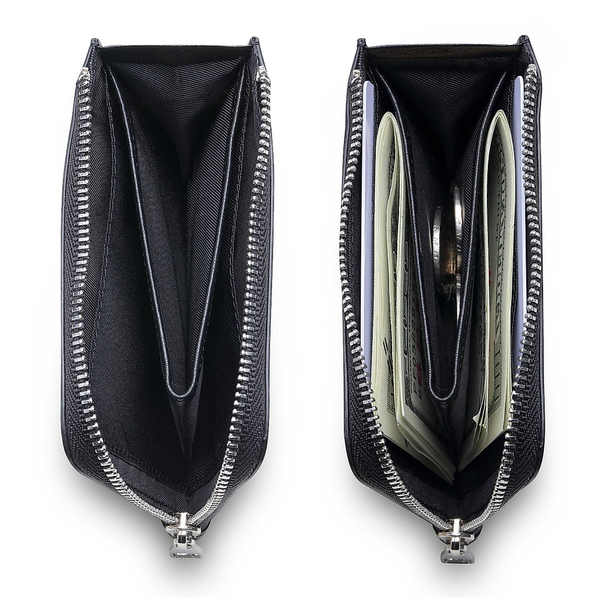 HISCOW Metal Zipper Slim Sector Wallet with 2 Card Slots - Italian Calfskin (Black)