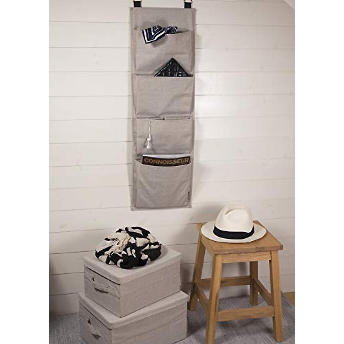 Bigso Soft Hanging Wall Storage Organizer | Hanging Storage Organizer for Closets and Bedrooms | Polyester Back of Door Storage Hanging Pockets Organizer with 4 Compartments | 11.8”x 39.4” | Beige
