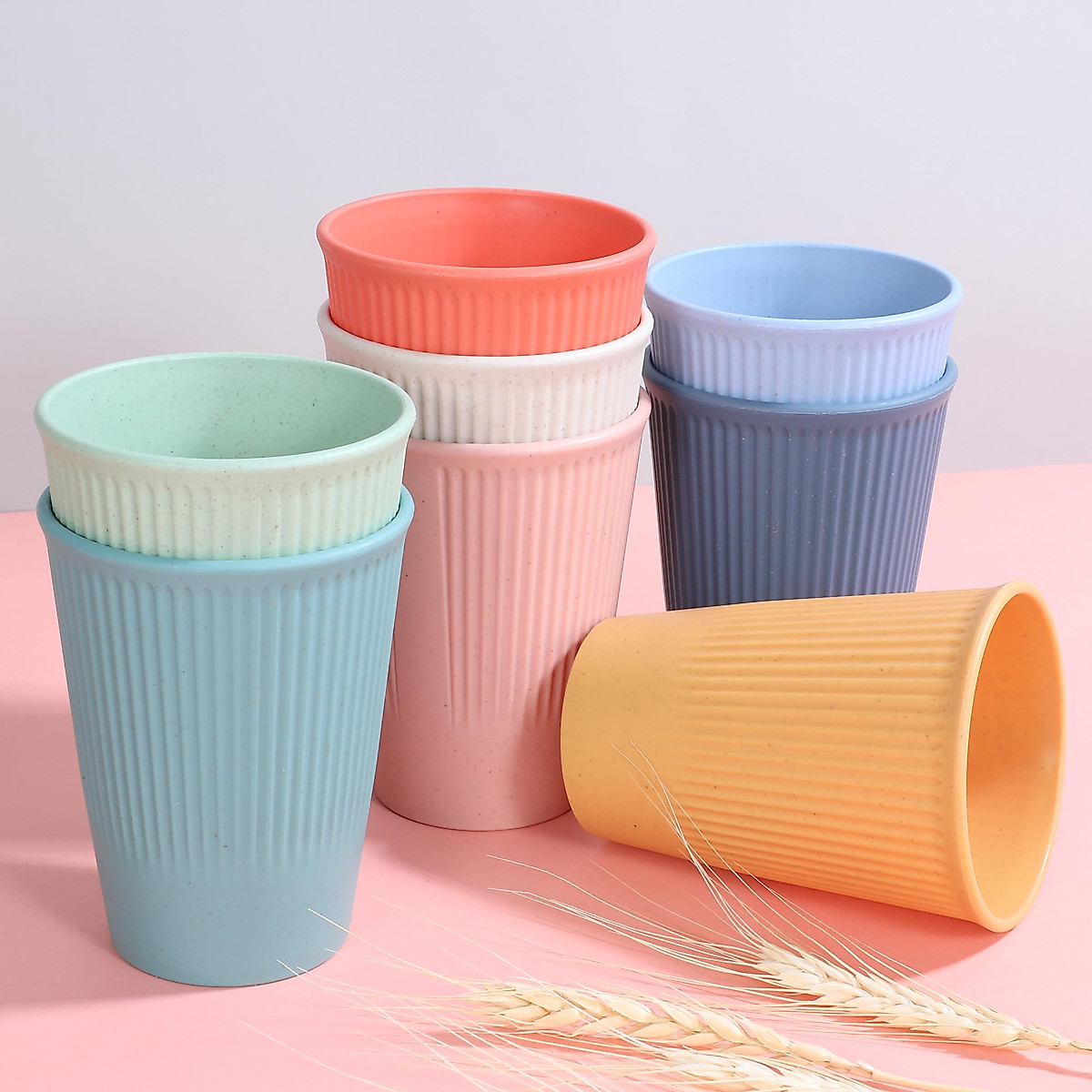 becutlery Wheat Straw Cups, Unbreakable Drinking Cup Dishwasher Safe Water Glasses with 8 Colors for Drinking Water, Juice,Milk, Soda, Coffee,Easy to Clean & Reusable (8 Pcs)