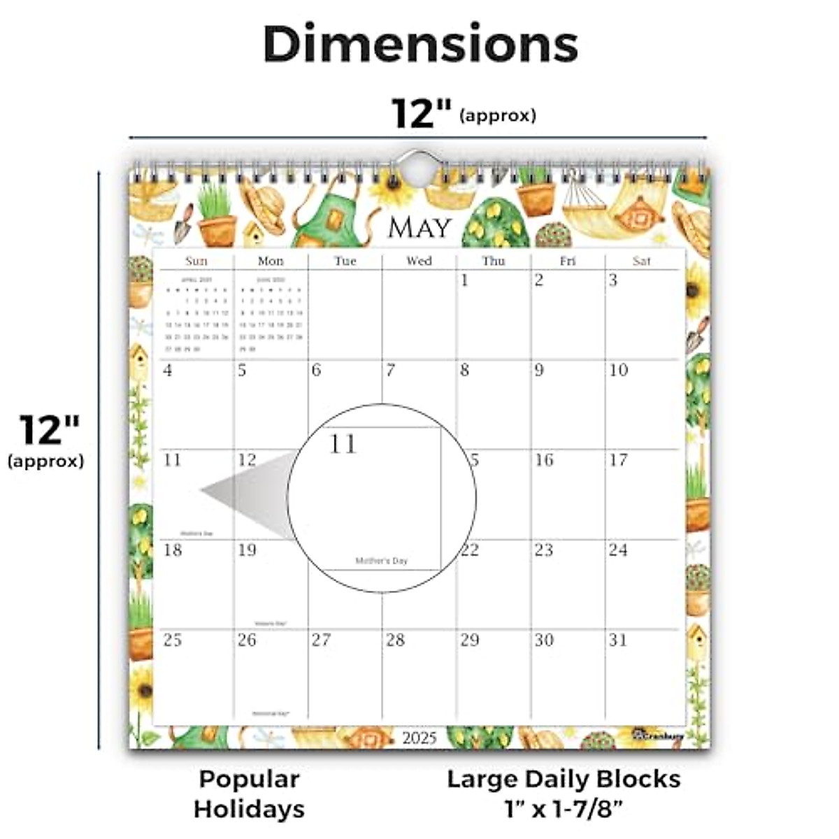 CRANBURY Large 12x12 Wall Calendar 2025 (Seasons), Square Hanging Calendar, Big Grid, Colorful Seasonal Monthly Designs