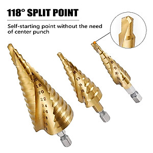 Hymnorq Metric Titanium Coated HSS Spiral Groove Step Drill Bit Set of 3pcs 4-12/4-20/4-32mm with 1/4" Hex Shank Packed in Reusable Case for Cutting Holes in Iron Plate Aluminum Plate, etc.