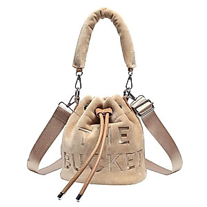 JQAliMOVV Mini Bucket Bag for Women, Purses Soft Plush Crossbody Drawstring Handbags, Hobo Bag (Khaki)