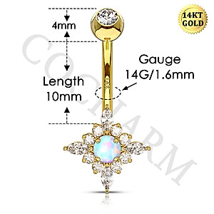 COCHARM 14k Gold Star Belly Rings 14g Diamond and Opal Solid Gold Belly Button Ring Barbell for Women