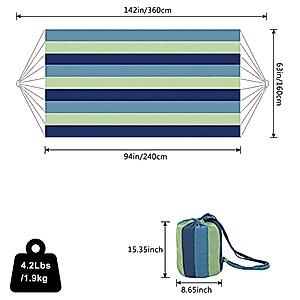 ONCLOUD Extra Long and Wide Double Hammock for Travel Camping Backyard, Porch, Outdoor or Indoor Use, Carrying Pouch Included (Blue/Green Stripes)