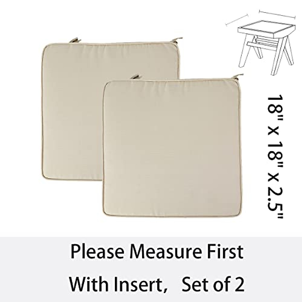 FUNHOME Water-Resistant Outdoor Patio Cushion with Ties, Patio Furniture Cushion Chair Seating, Set of 2 Indoor/Outdoor Square Corner Seat Cushion，18" x 18" x 2.5"-Antique Beige