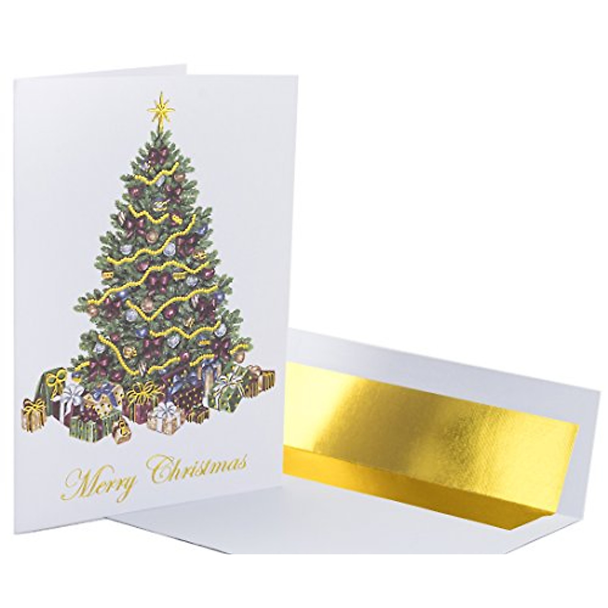 Premium Christmas Cards - 20 Pack - Traditional Christmas Tree with Gold Embossed Foil and Linen Texture - 20 Heavyweight Holiday Cards and Gold Foil Lined Envelopes