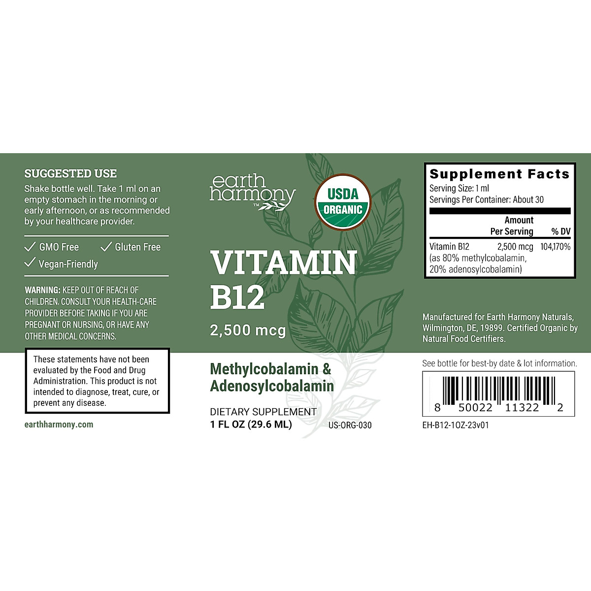 Earth Harmony Naturals Organic Vegan Vitamin B12 Sublingual Liquid Supplement - 2000mcg Methylcobalamin Drops for Natural Energy and Immune System Support - 1 Fl Oz