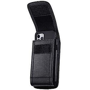 PiTau Holster for iPhone 14, 14 Pro, 13, 13 Pro, 12 Pro, 12, X, XR, Xs, 11 Pro Nylon Cell Phone Belt Holder Case with Belt Clip Loop Pouch Cover (Fits Phone with Otterbox Commuter Case) Black Large