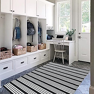 Black and White Striped Outdoor Rug 27.5"x43" Cotton Hand-Woven Reversible Foldable Washable Area Rug for Layered Door Mats Porch/Front Door, Entryway, Laundry Room, Farmhouse, Kitchen (27.5'' x 43'')