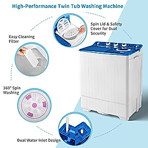 Winado 26LBS Portable Washing Machine, Compact Mini Washer Machine & Dryer Combo, Built-in Gravity Drain, Small Twin Tub Washer with Spin Cycle for Laundry Room, Apartments, Dorms, RV's (Blue)