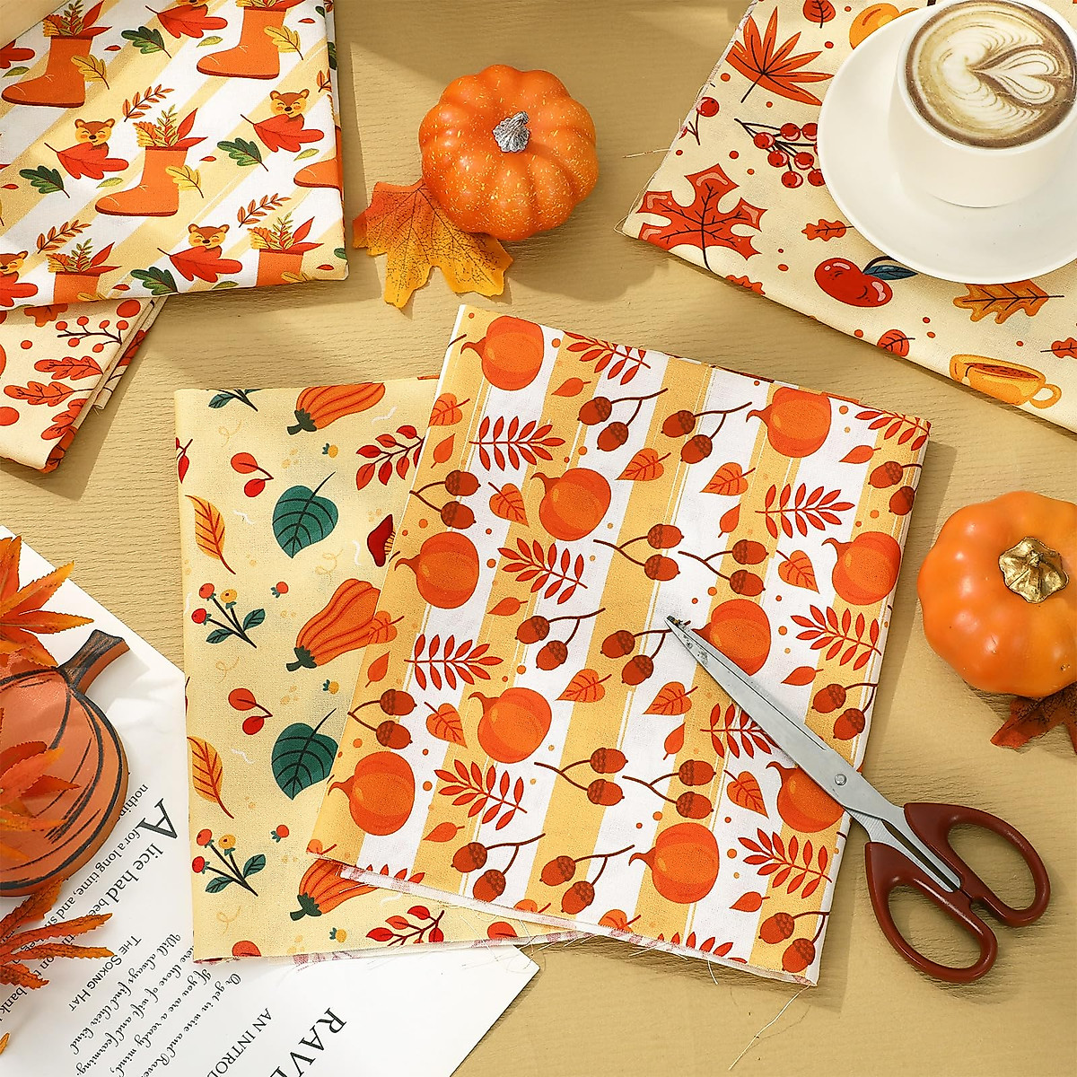 JarThenaAMCS 12Pcs Fall Cotton Fabric Bundles Pumpkin Maple Leaf Mushroom Acorn Fat Quarters Autumn Thanksgiving Quilting Patchwork for DIY Craft Home Party Decor, 18 x 22 Inch