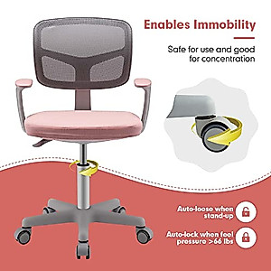 Costzon Kids Desk Chair, Children Study Computer Chair with Adjustable Height, Lumbar Support, Sit-Brake Casters, Swivel Mesh Seat, Ergonomic Kids Task Chair for 3-10, Home, School, Office (Pink)
