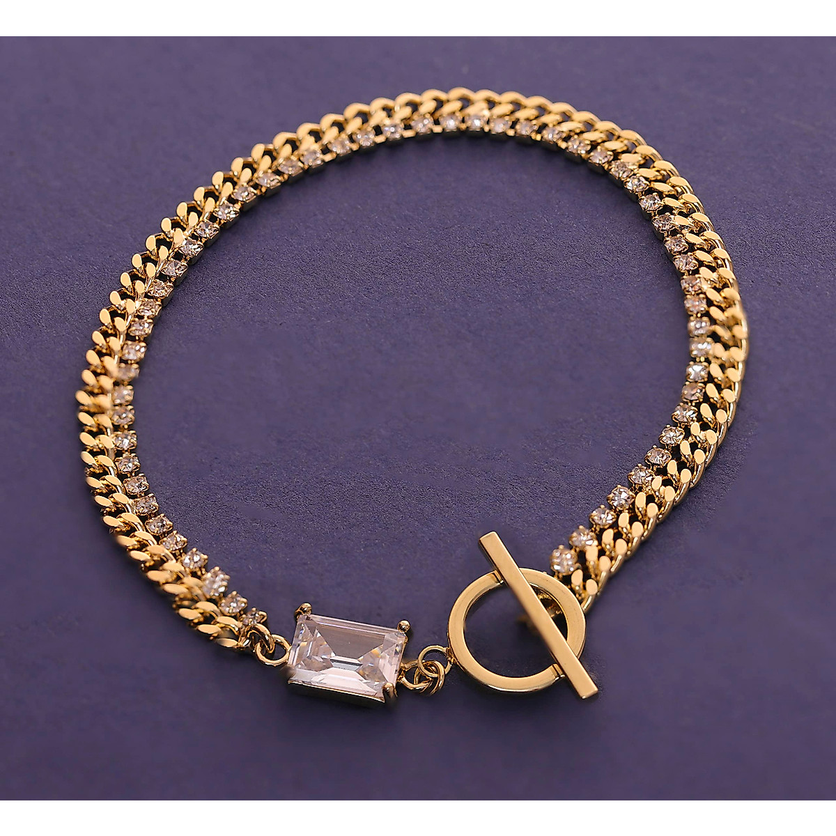 Teitze 18K Gold Plated Link Bracelets Zirconia Trendy Bracelet Dainty Chain Bracelet for Women Mother Gift (Emerald, Yellow Gold)