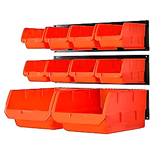 Wallmaster Wall Mounted Storage Bins, Wall Storage Bins Parts Rack 10 Bins&3 Rails Wall Mount Tool Organizer Hardware Storage Organizer