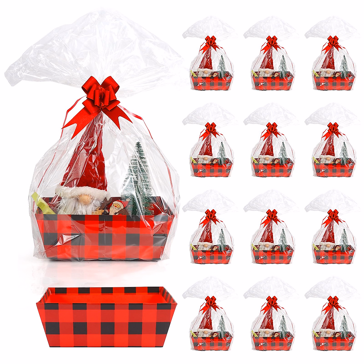 Kolewo4ever 36Pcs 12 Pack Christmas Basket Gift Set 8x10'' Gifts Baskets for Gifts Empty to Fill with Basket Empty, Basket Bags, Red Pull Bows for Christmas Holiday (Red and Black Plaid)
