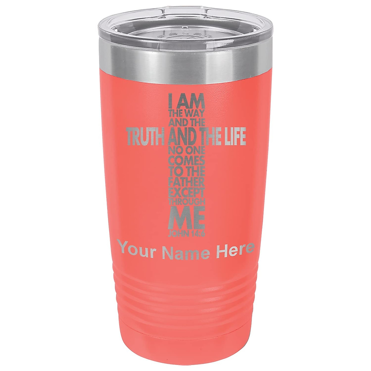 LaserGram 20oz Vacuum Insulated Tumbler Mug, Bible Verse John 14-6, Personalized Engraving Included (Coral)