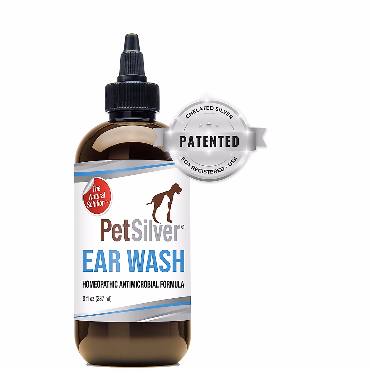 PetSilver Ear Wash Flush, Patented Chelated Silver Formula - Superior to Colloidal Silver, Cat and Dog Ear Cleaner and Treatment, Soothe and Clean Itchy and Inflamed Ears, Easy to Use, USA Made, 8 oz.