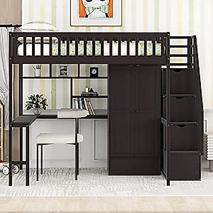 Merax Full Size Loft Beds Stairway Loft Bed Frame with Wardrobe, Desk, Bookcase and Drawers, Espresso