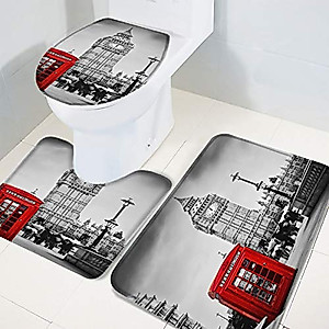 Women Trend 3 Piece Bath Rugs Set Non-Slip Bathroom Mats Absorbent Contour Soft Mat Toilet Lid Cover Bathroom Decor Set- Big Ben and Red Phone Booth in London 18"x30"+14"x18"+15"x18"