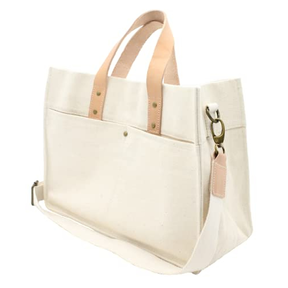 Tocco Goods Natural Canvas Tote Bag Genuine Leather Handles with Crossbody Strap Multiple Pockets Natural Light Tan